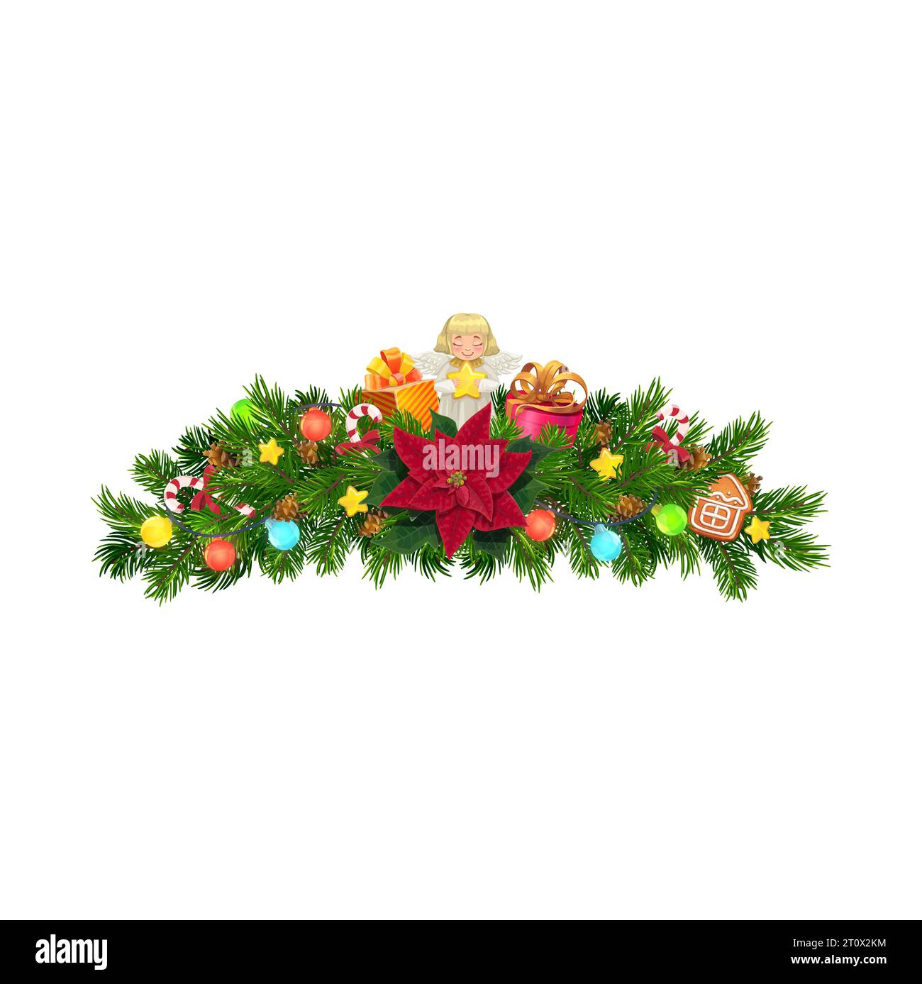 Christmas garland with New Year gifts and poinsettia, praying angel ...