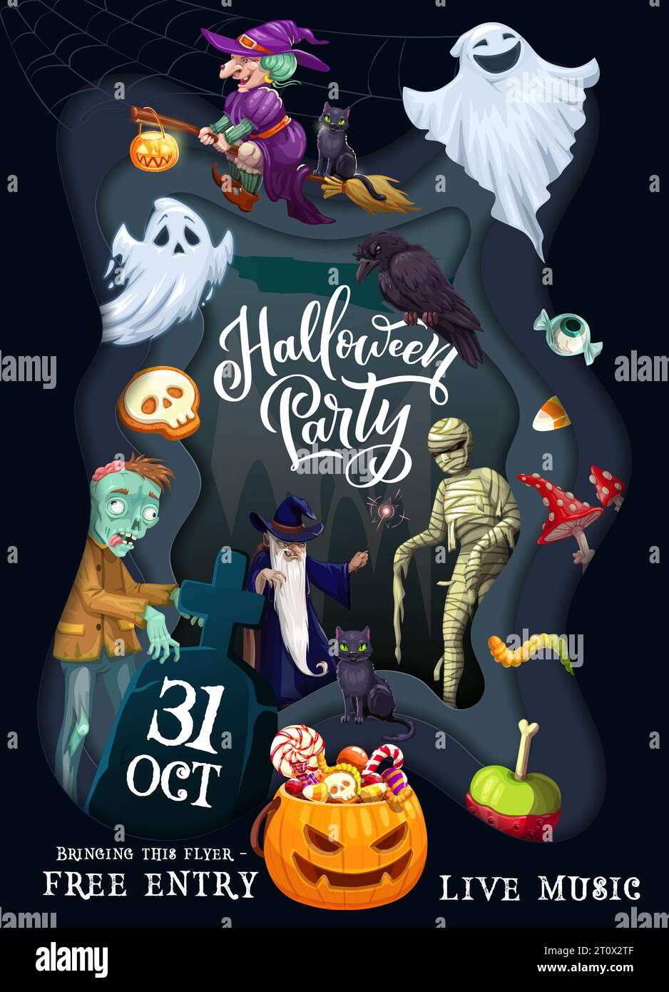 Halloween paper cut party flyer with holiday characters. Vector trick ...