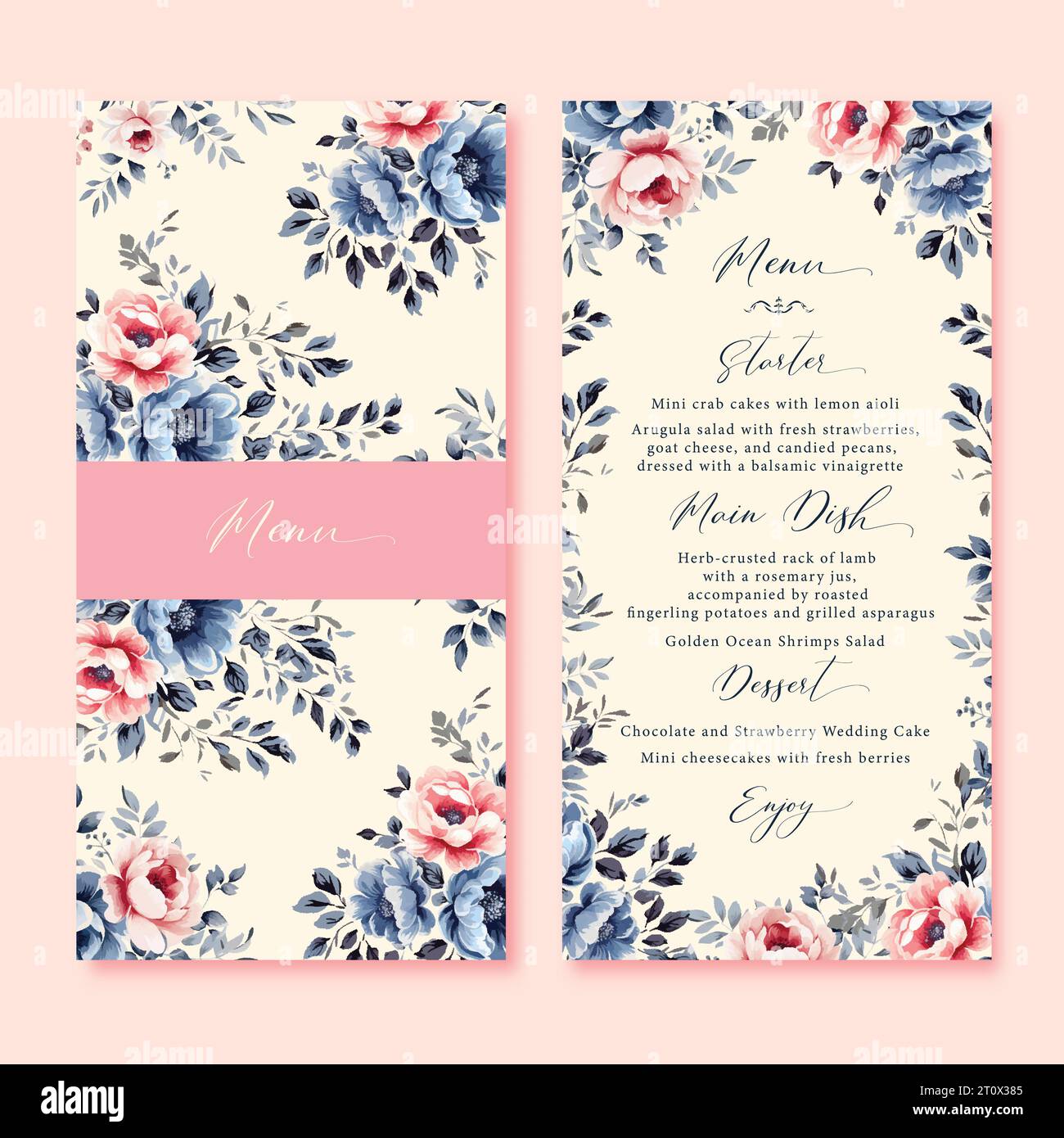 Wedding Menu with vintage blue and pink flowers flowers. Vector ...