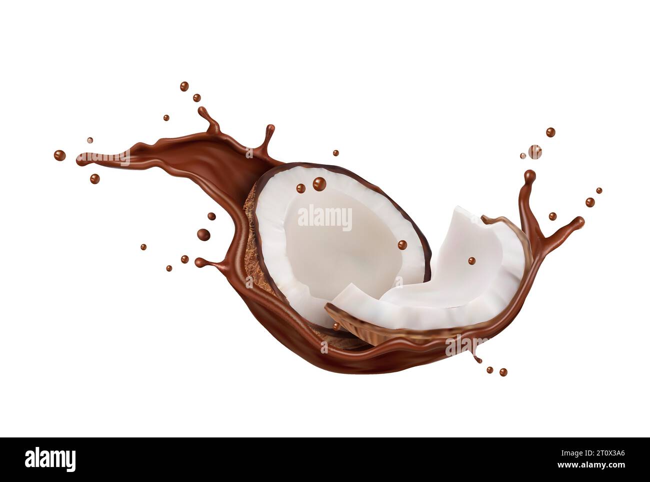 Realistic chocolate milk splash with coconut for candy sweets or choco ...