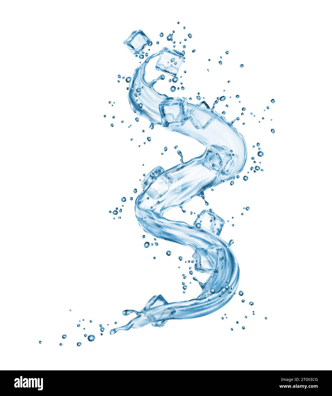 Liquid blue water spiral swirl splash with ice cubes in tornado pour ...