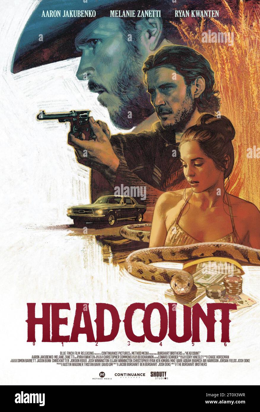 HEAD COUNT, US poster, from left: Ryan Kwanten, Aaron Jakubenko, Melanie Zanetti, 2023. © Shout ...