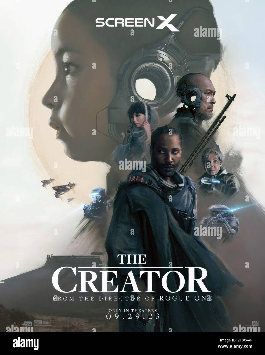 THE CREATOR, US ScreenX poster, from top: Madeleine Yuna Voyles, Ken Watanabe, Gemma Chan ...