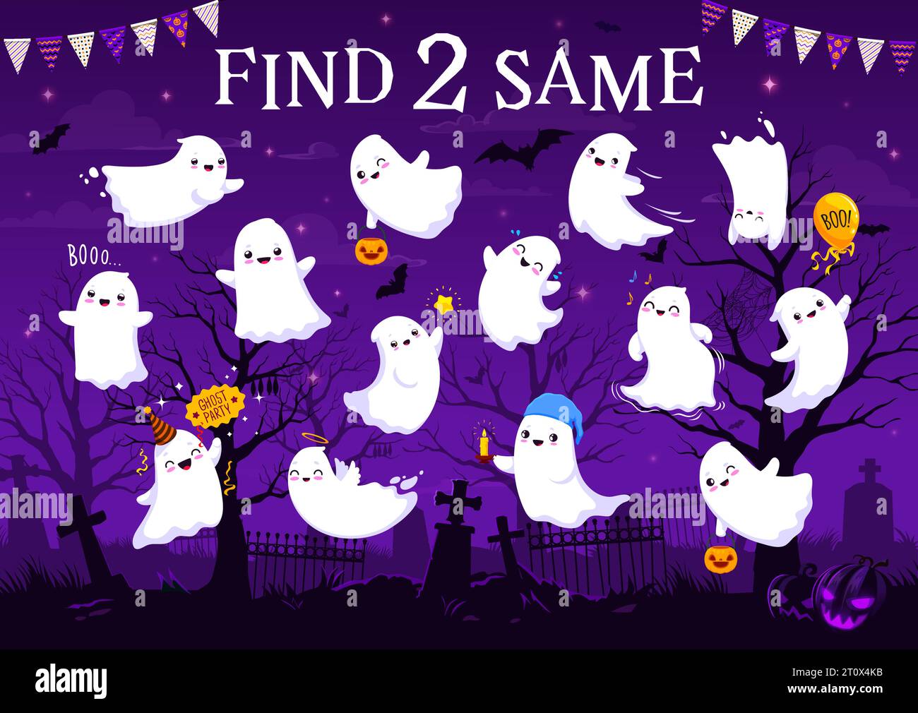 Kids game, find two same kawaii Halloween ghosts vector worksheet ...