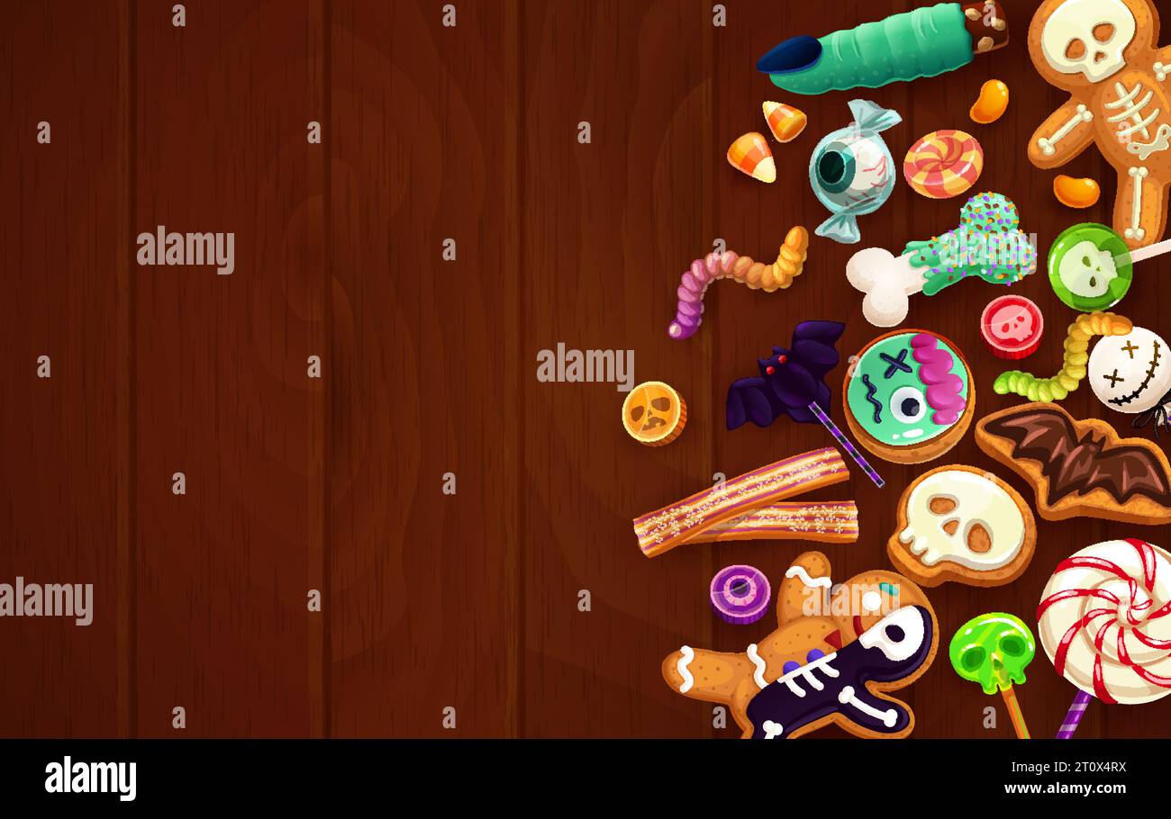 Halloween holiday scary sweets on wooden background. Vector festive ...
