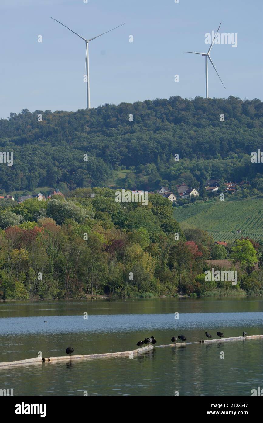 Lake Breitenau, wind turbine, wind power plant, Loewensteiner Berge ...
