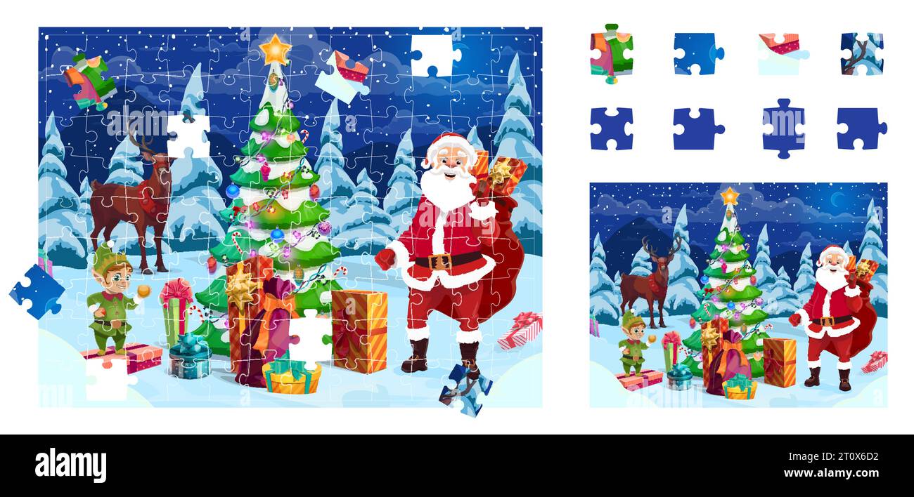 Christmas jigsaw puzzle game pieces. Santa and deer near Christmas pine ...