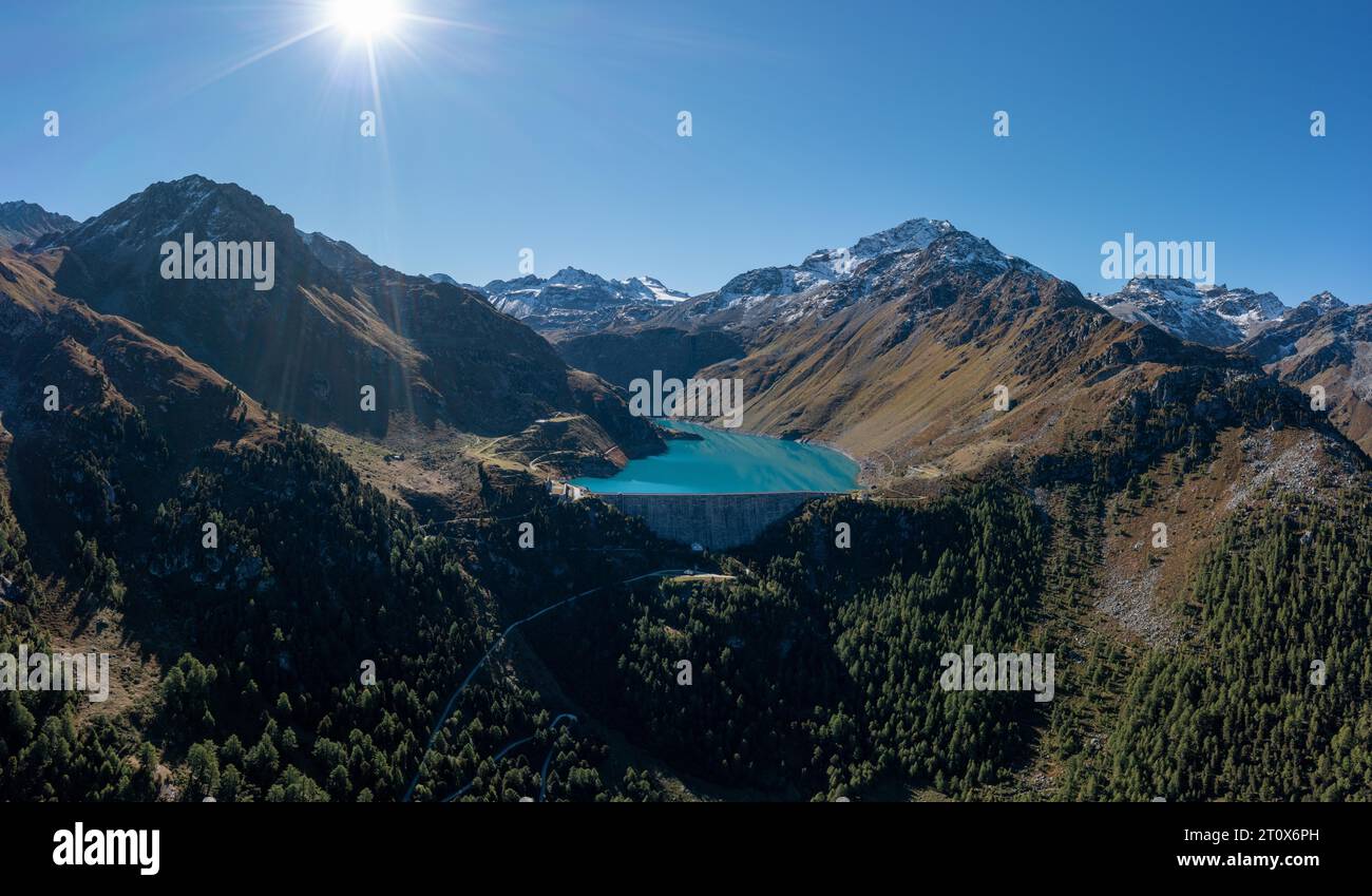 Aerial view of Lac de Cleuson with the dam wall in Val de Nendaz ...