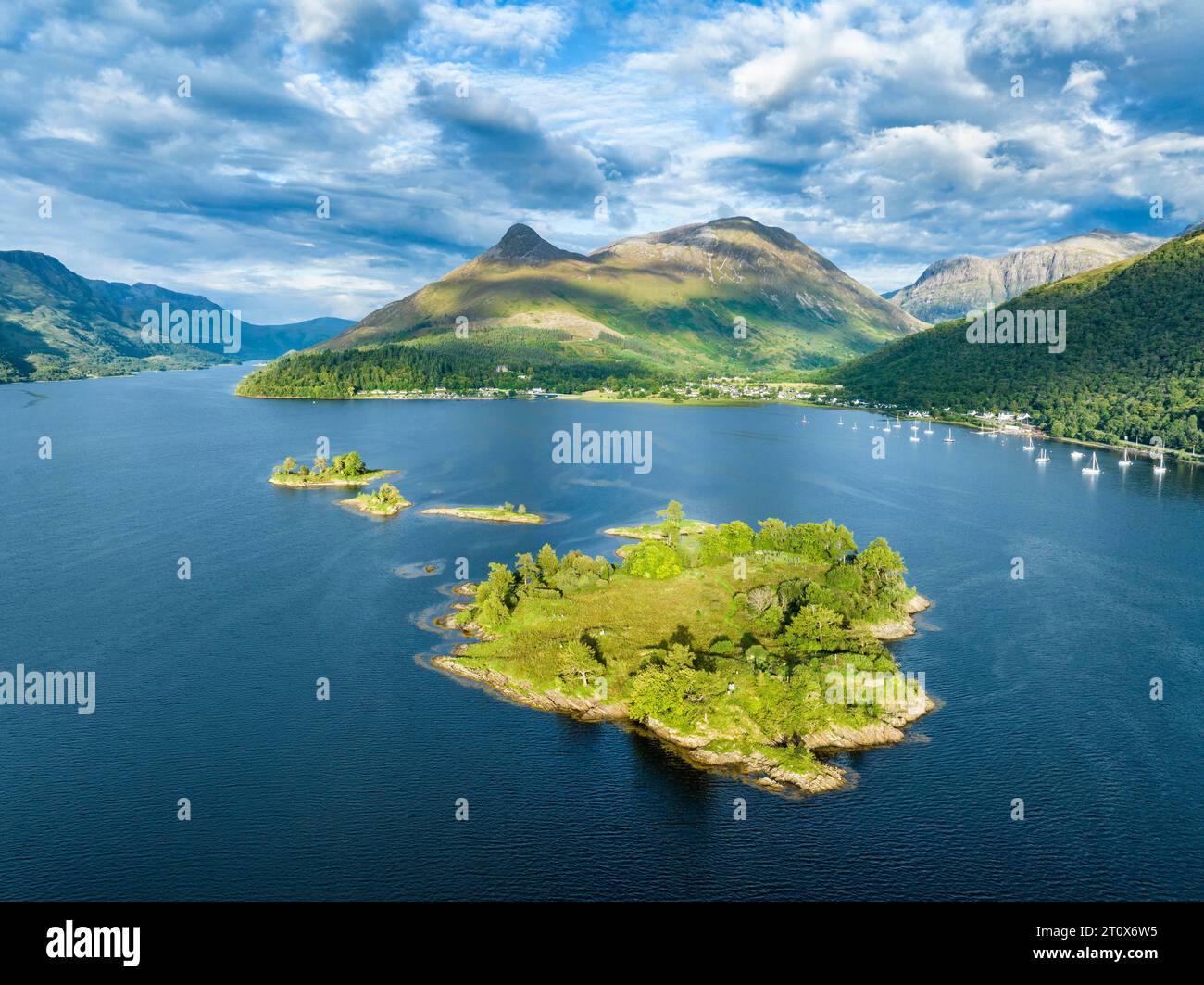 Aerial view of the western part of Loch Leven with the historic island ...