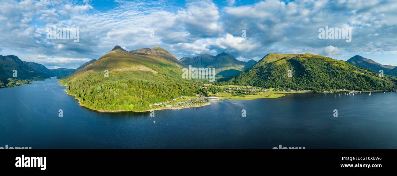 Aerial panorama of the freshwater loch Loch Leven with the village of ...