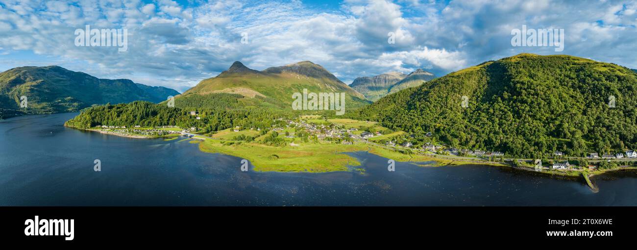 Aerial panorama of the freshwater loch Loch Leven with the village of ...