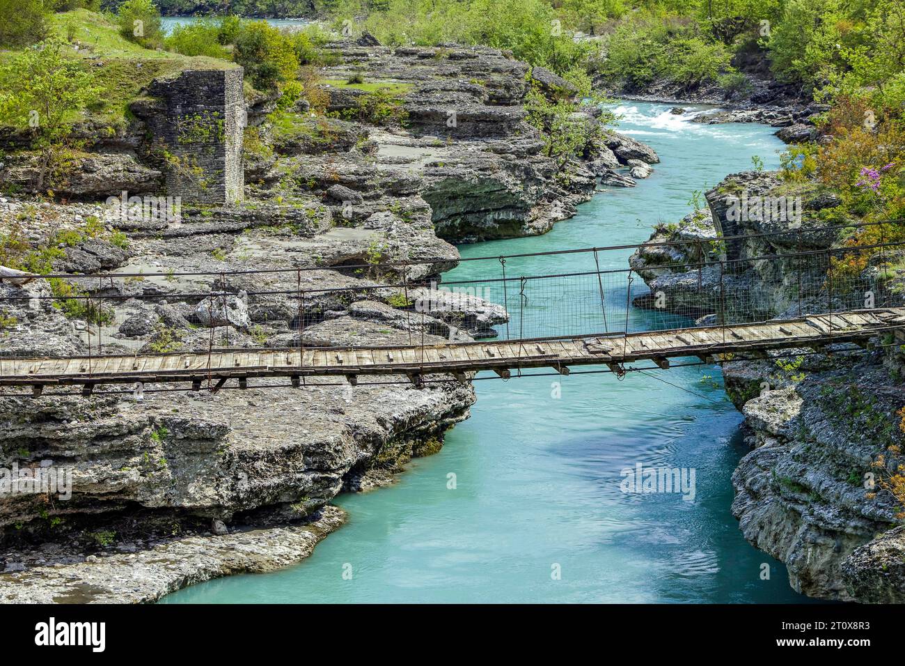 Broken bridge, valley of the Vjosa, the Vjose is one of the few larger ...