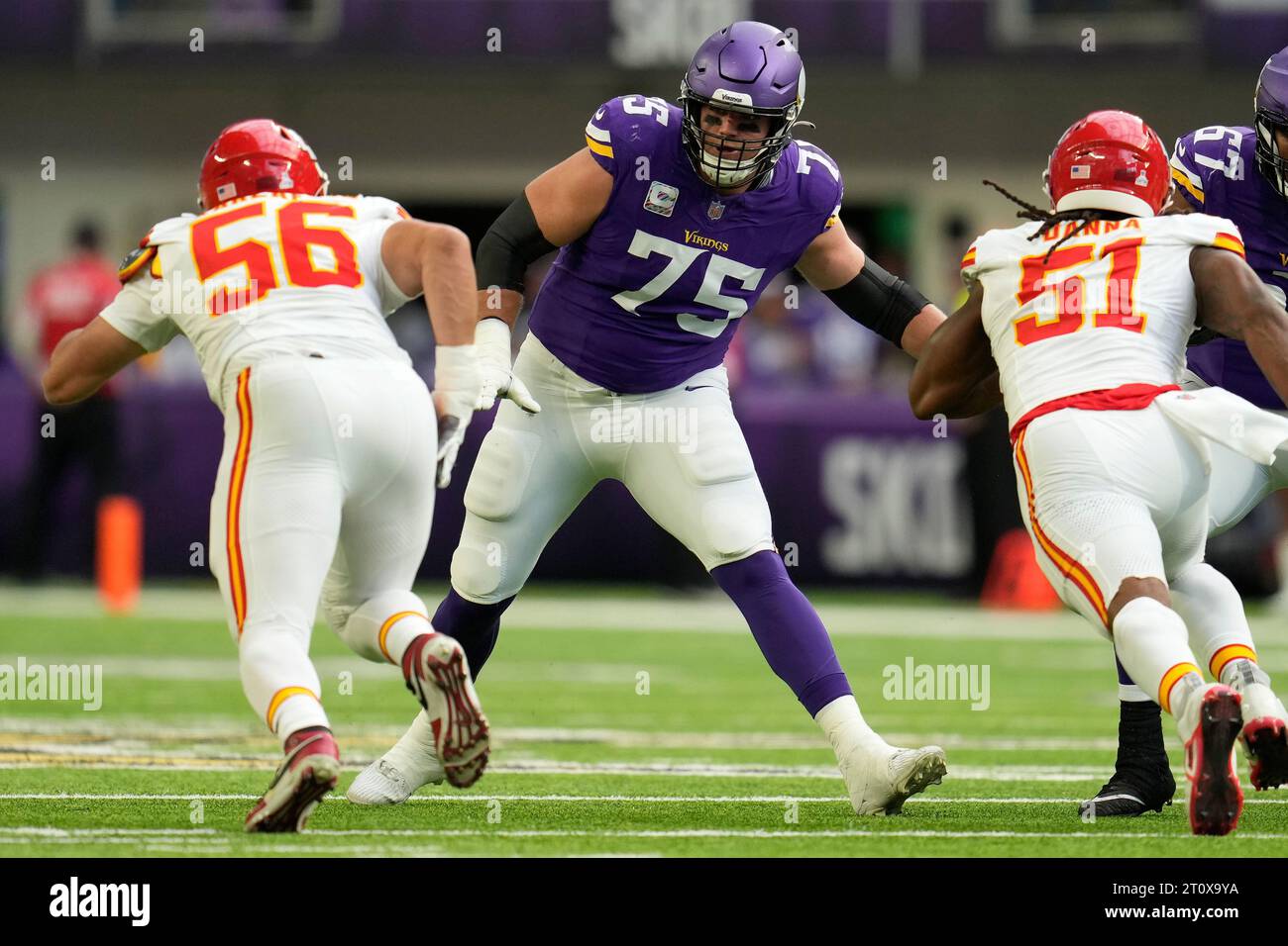 Minnesota Vikings offensive tackle Brian O'Neill (75) blocks during the ...