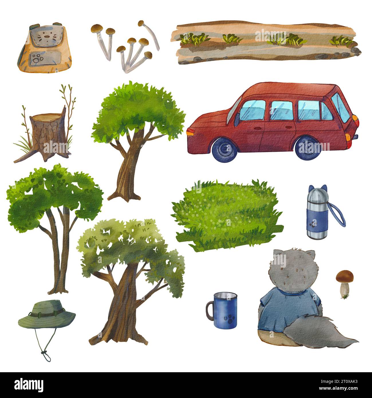 A set of hiking in the forest painted in watercolor. Illustration of ...