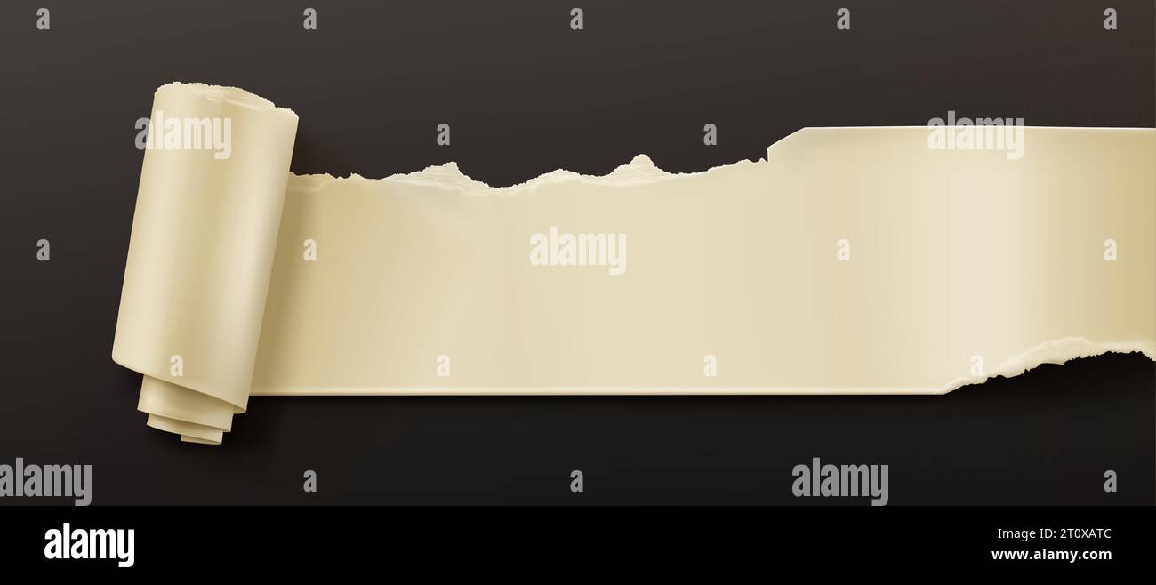 Rolled paper strip with uneven torn edge isolated on black background. Vector realistic ...