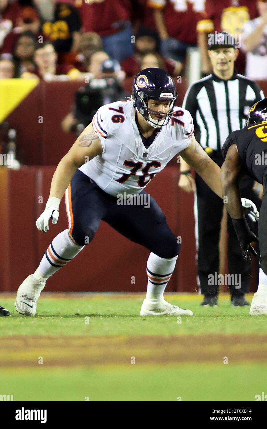 Chicago Bears offensive tackle Teven Jenkins (76) blocks during an NFL ...