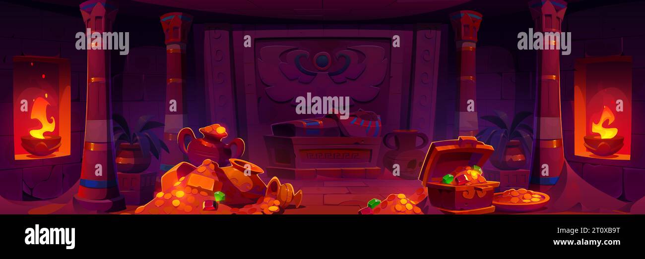 Night ancient egyptian pharaoh temple with sarcophagus background. Fire ...