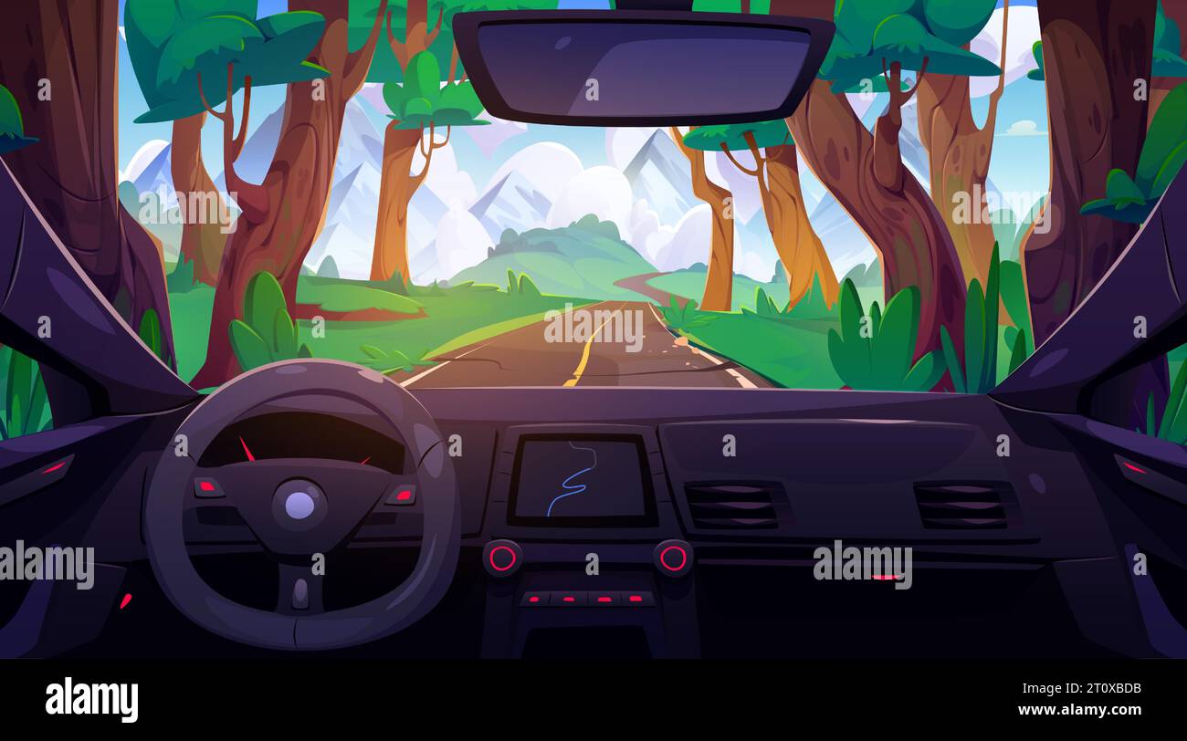 Car dashboard with forest road view through windshield. Vector cartoon ...