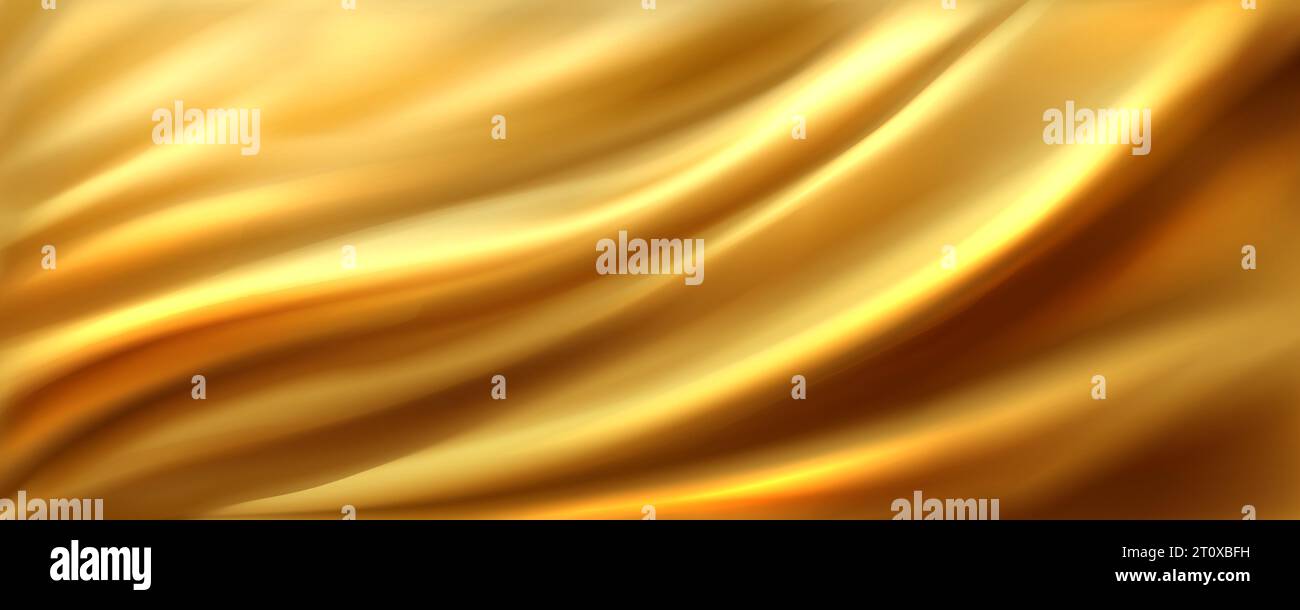 Golden silk fabric background. Vector realistic illustration of yellow satin cloth with smooth ...