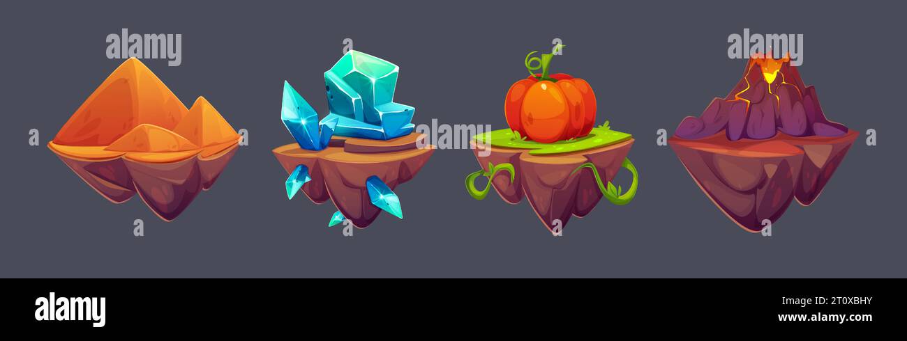 Set of floating island platforms for game ui isolated on black ...