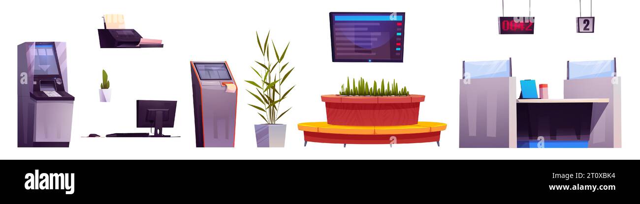 Bank office interior design elements set isolated on white background ...