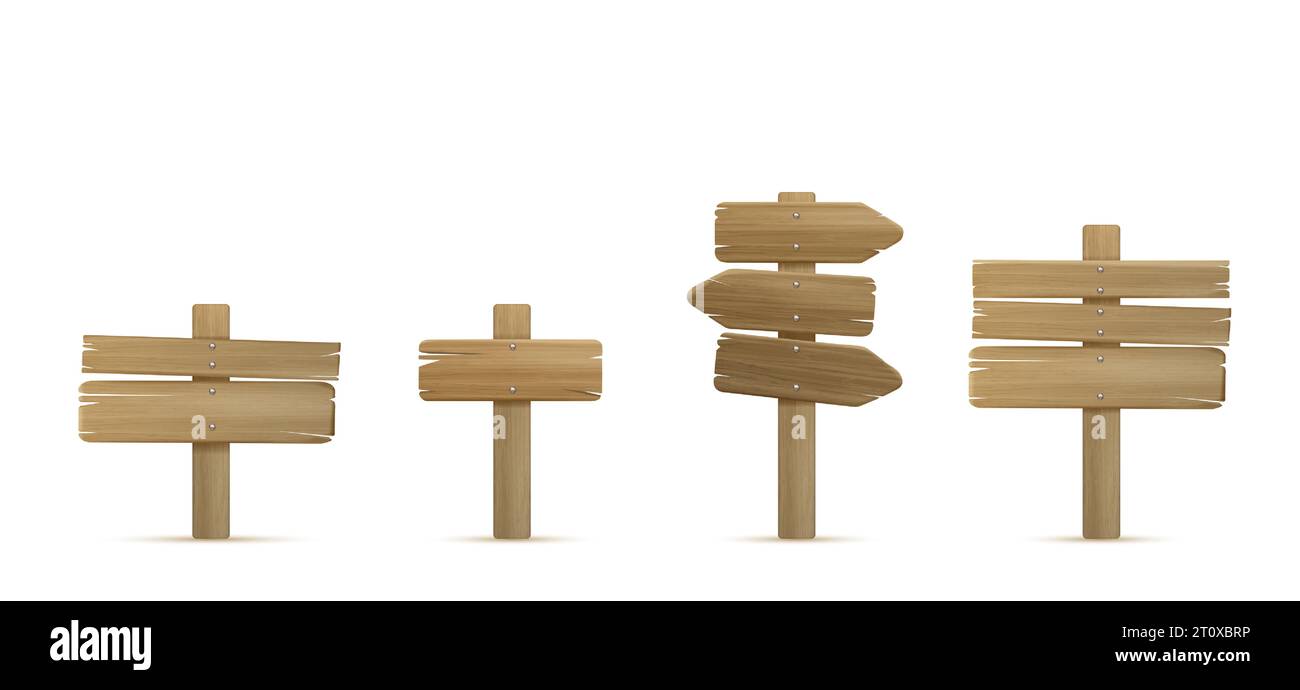 3D wooden signboards set isolated on white background. Vector realistic ...