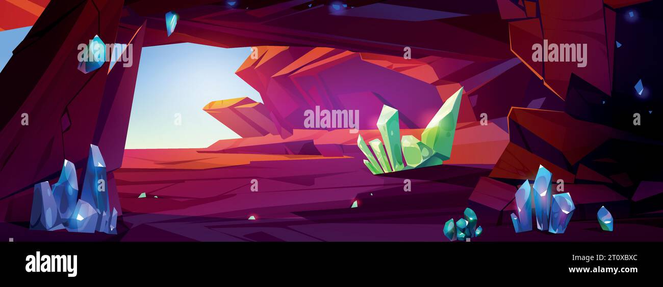 Dark cave with crystals of colored gem stones in rocky walls. Cartoon ...