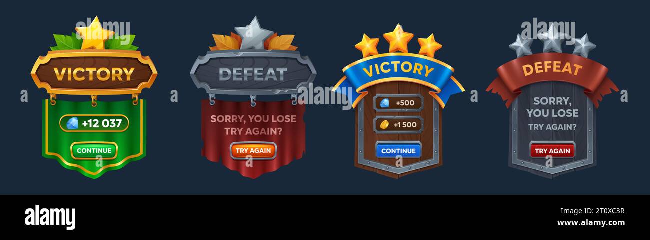 Win and lose game user interface badges. Cartoon vector set of victory and defeat labels with ...