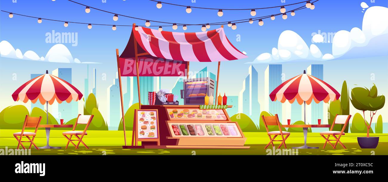 Outdoor burger stall in summer city park. Vector cartoon illustration ...