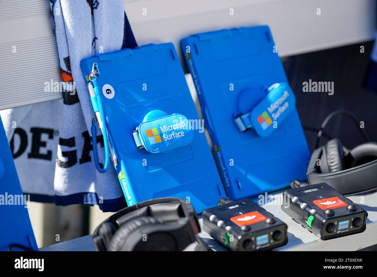 Microsoft Surface tablets sit on the Denver Broncos bench before a game ...