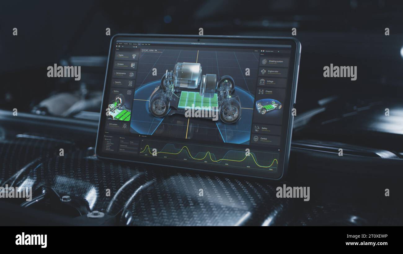 Digital tablet computer screen shows 3D futuristic graphical ...