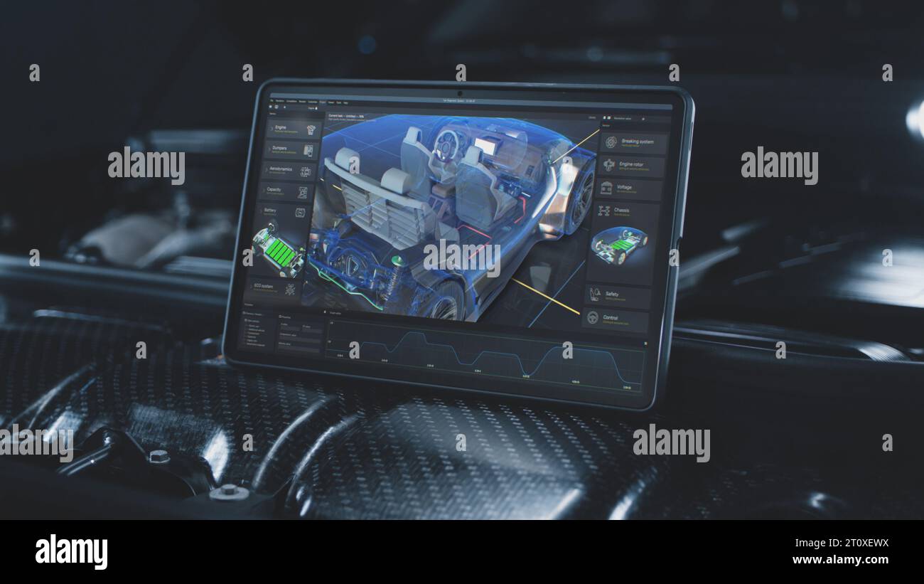 Digital tablet computer screen shows 3D futuristic graphical ...