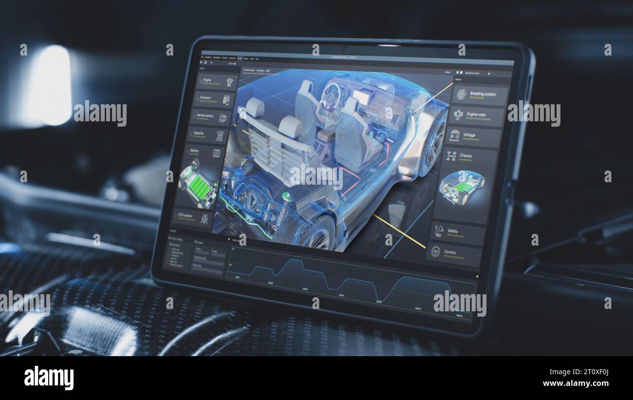 Digital tablet computer screen shows 3D futuristic graphical ...