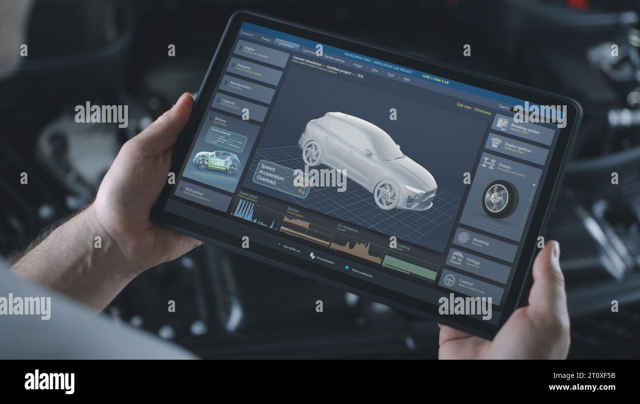 Male technician holds digital tablet computer. Simulation of real-time ...
