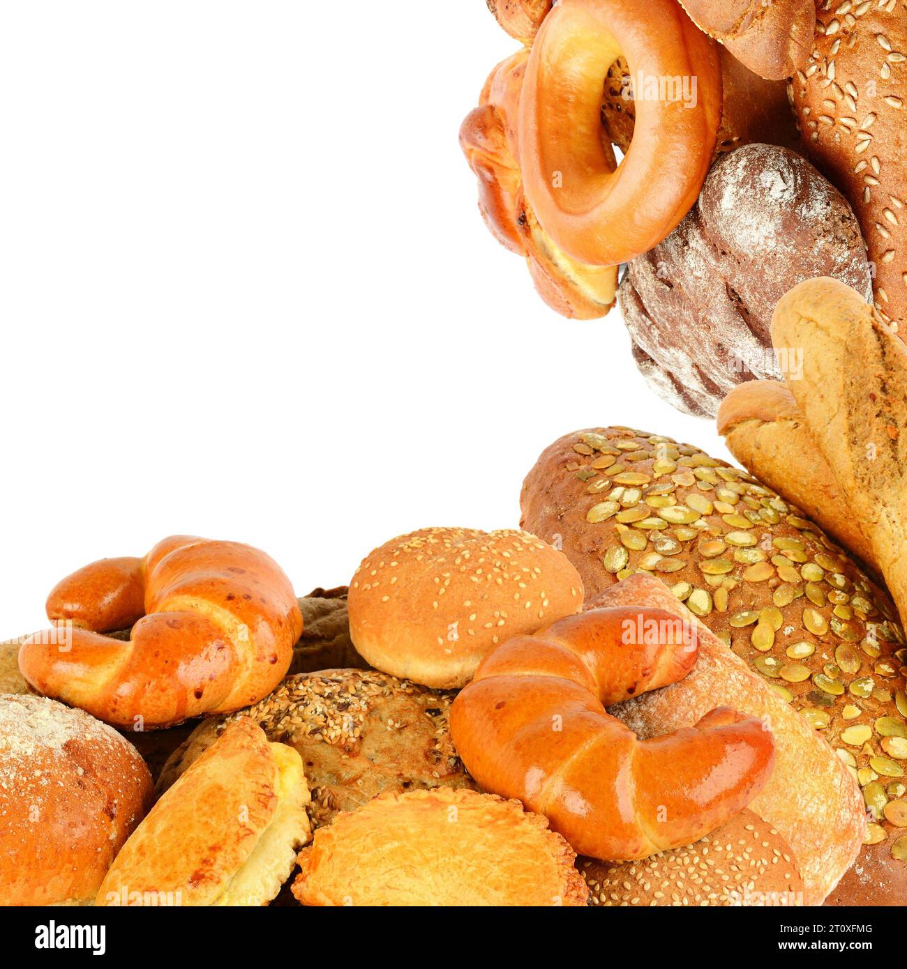 Fresh bread products isolated on white background. Collage. Free space ...