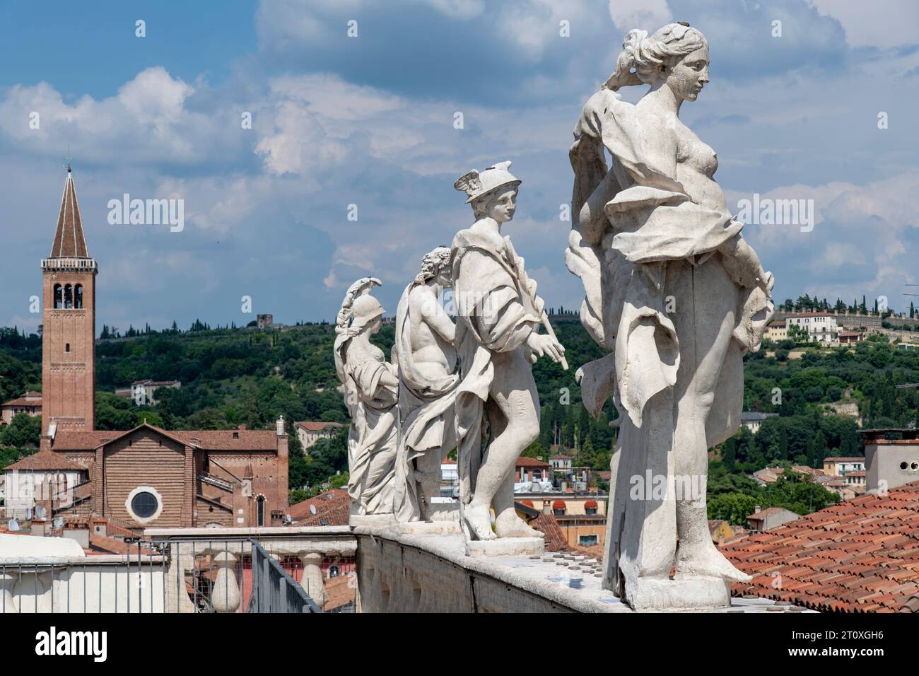 Verona, Italy-June 12, 2023; Four of the marble statues representing ...