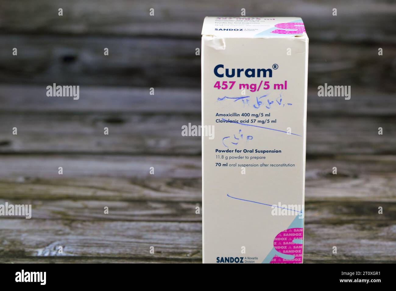 Cairo, Egypt, October 1 2023: Curam 457 mg per 5 ml (Amoxycillin 400 mg ...