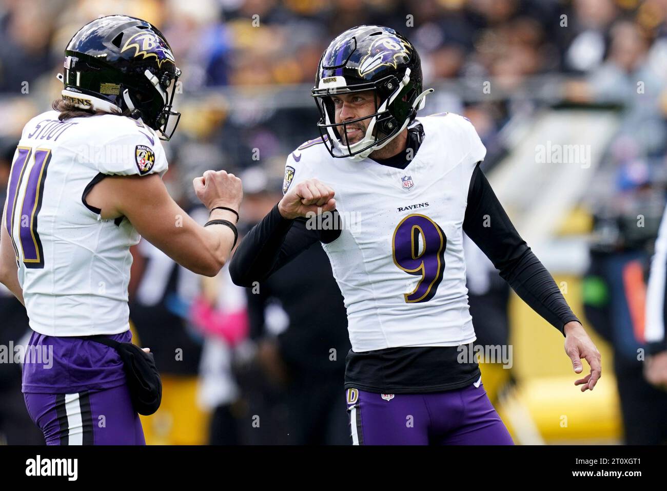 Baltimore Ravens' Jordan Stout (11) and Justin Tucker (9) celebrate ...