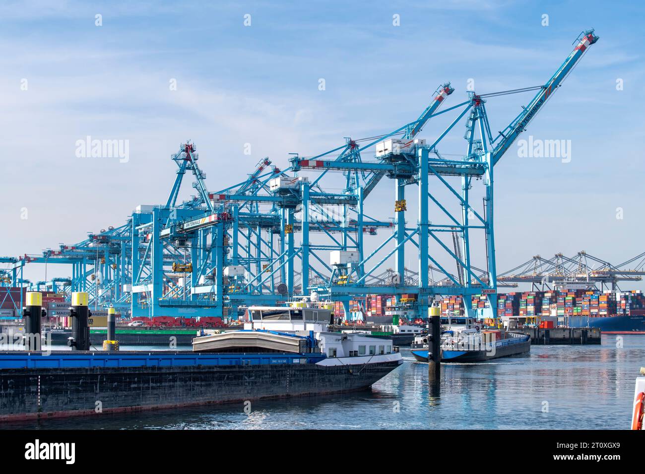 Rotterdam, the Netherlands-September 16, 2023; Inland vessels in front ...