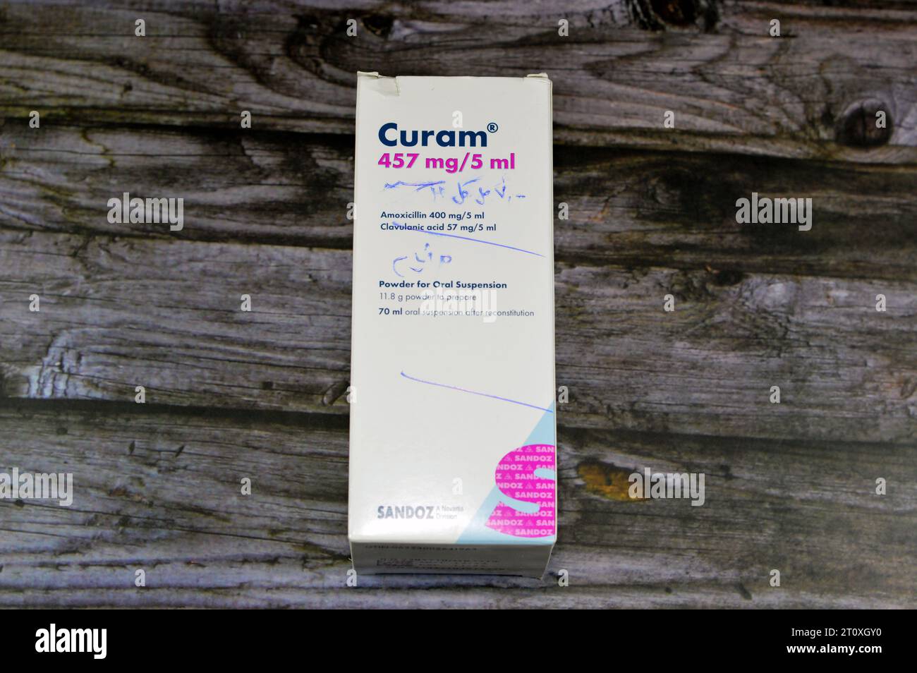 Cairo, Egypt, October 1 2023: Curam 457 mg per 5 ml (Amoxycillin 400 mg ...