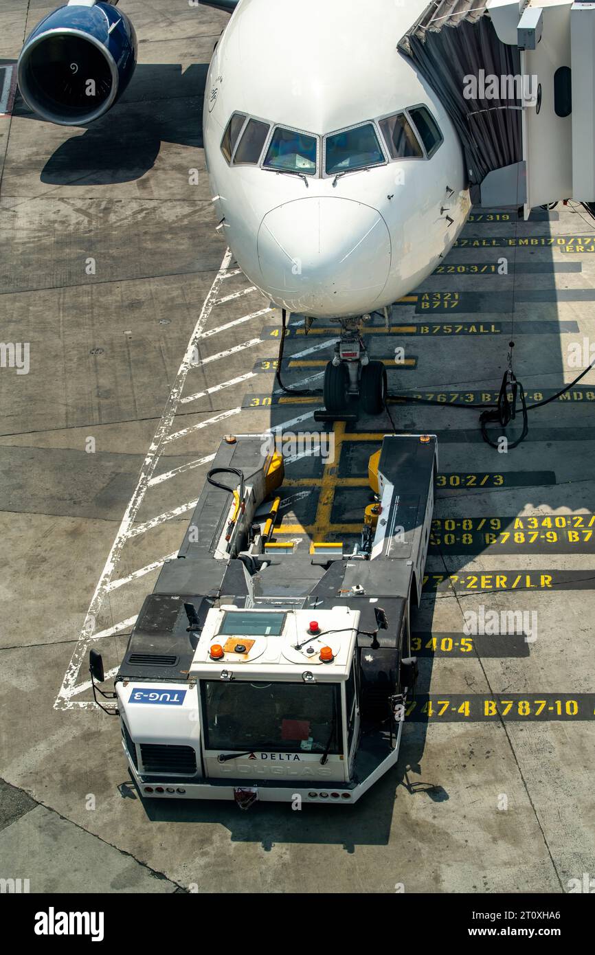 JFK Airport, NY, USA- July 11, 2023; High angle view of aircraft parked ...