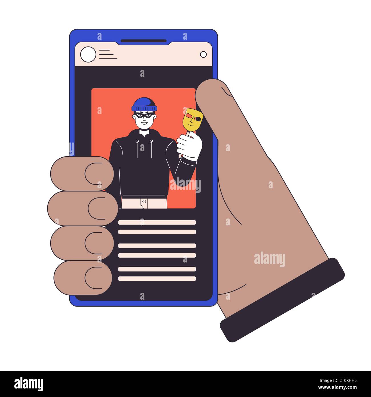 Holding smartphone flat line concept vector spot illustration Stock ...