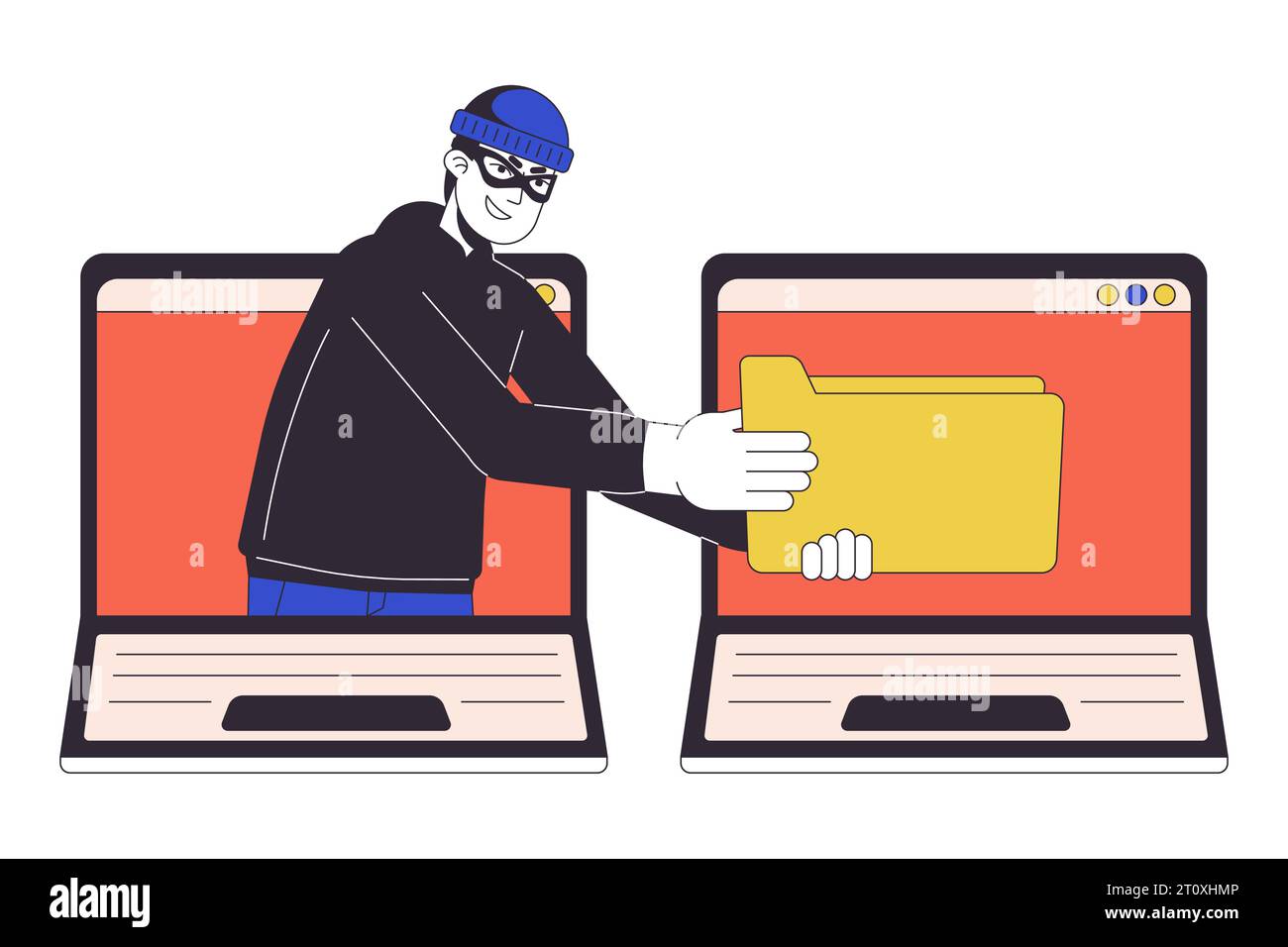 Thief Stealing Data From Laptop Flat Line Concept Vector Spot Illustration Stock Vector Image