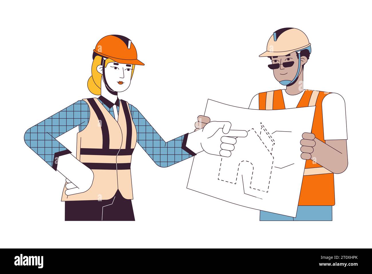 Diverse contractors discussing blueprint 2D linear cartoon characters ...