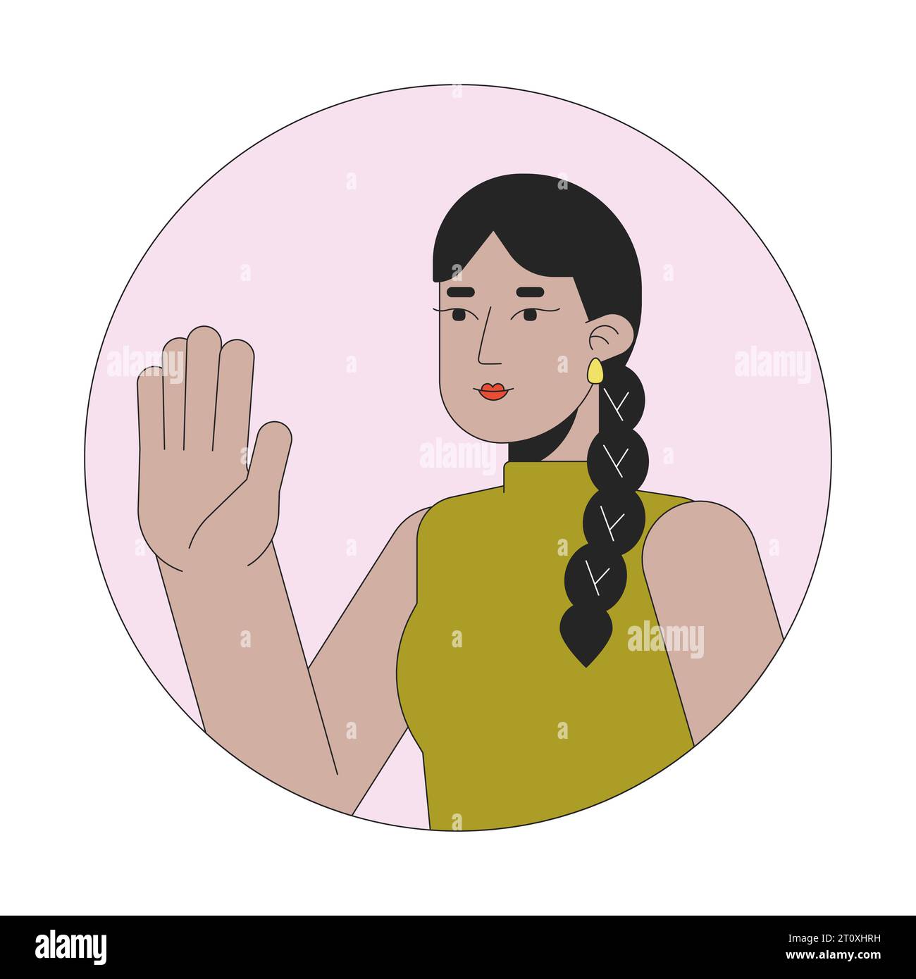 Waving pretty indian woman with long braid 2D line vector avatar ...