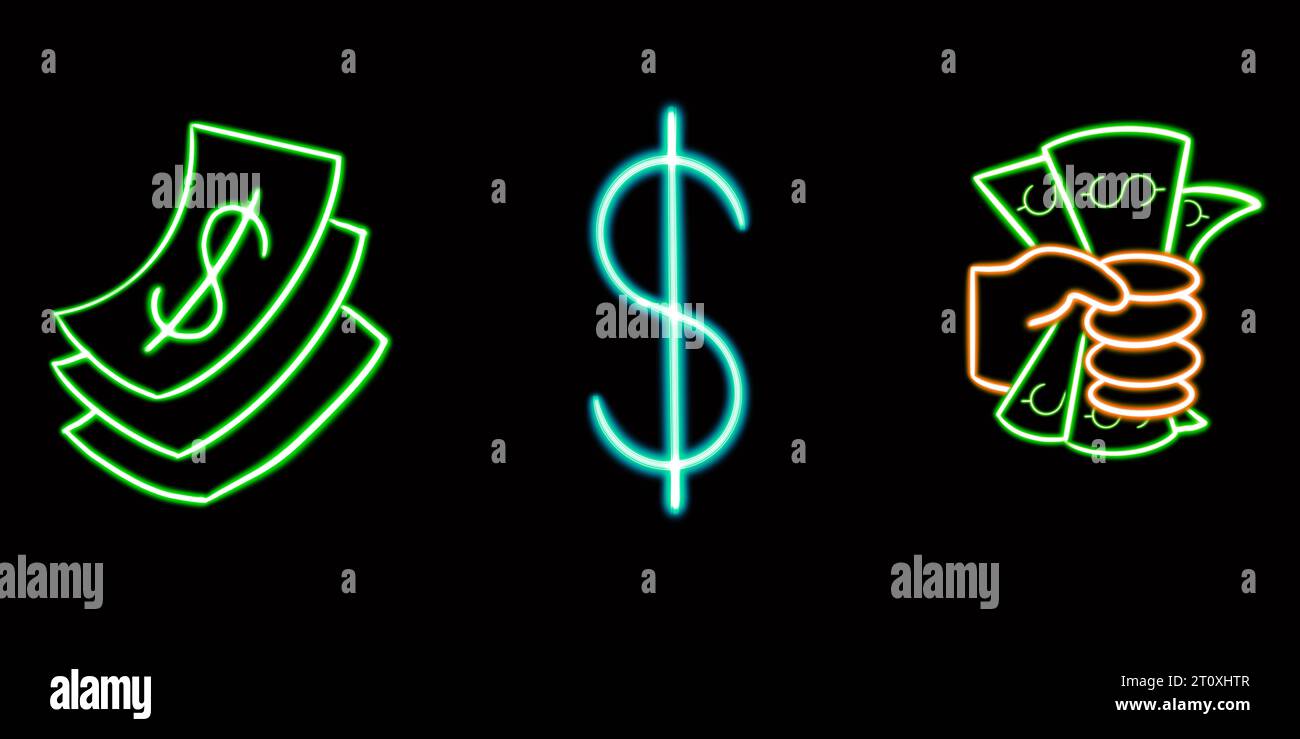 Neon Finance Set, Dollar Bill, Dollar Sign, Hand. glowing desktop icon ...
