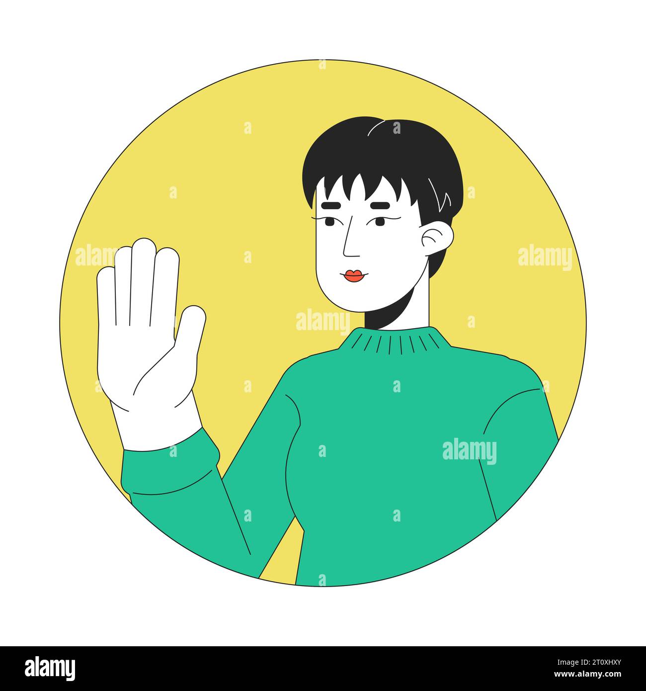 Pixie cut korean woman waving hand 2D line vector avatar illustration ...