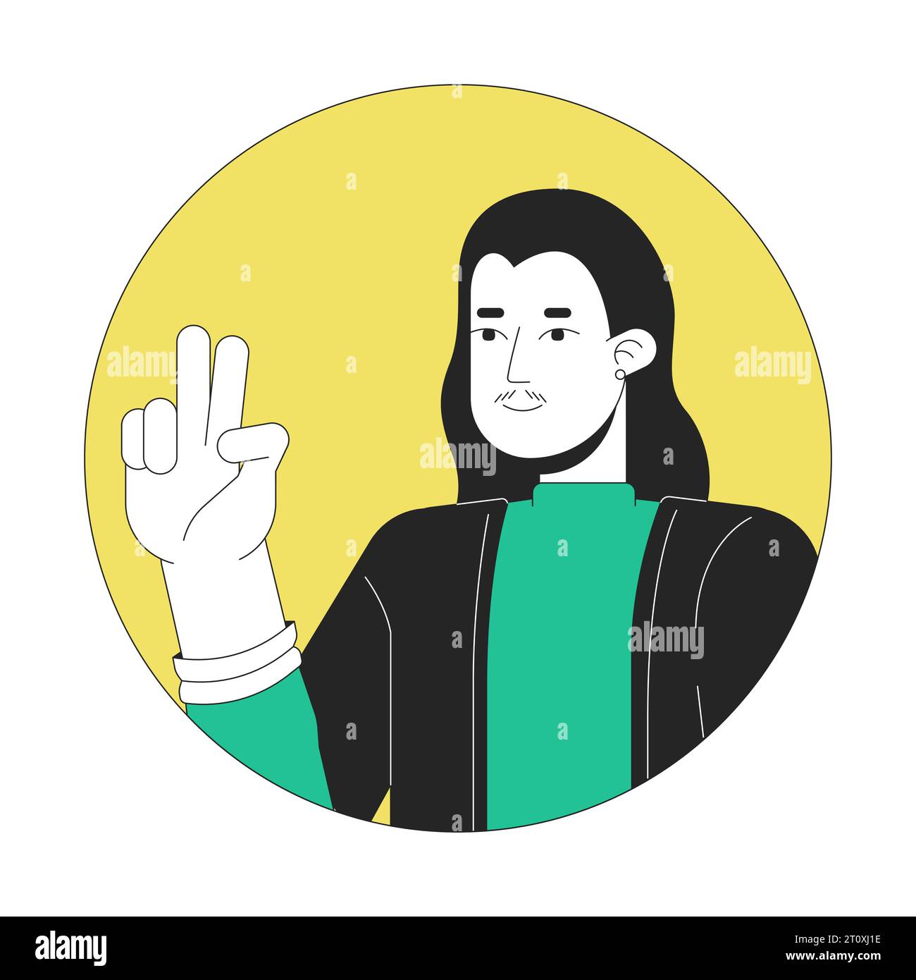 Long haired adult asian man victory sign 2D line vector avatar ...