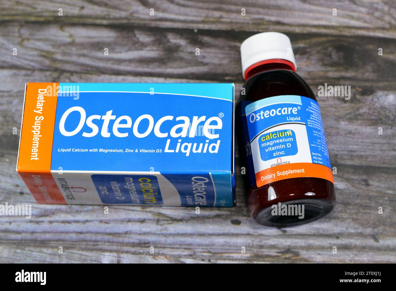 Cairo, Egypt, October 1 2023: Osteocare liquid syrup, Cacalium carbonate, Magnesium hydroxide ...