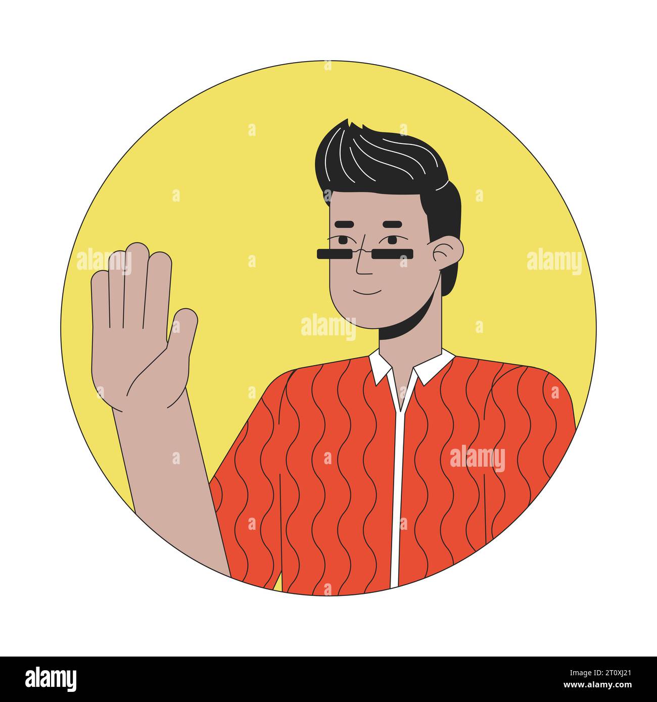 Sunglasses indian man waving hand 2D line vector avatar illustration ...